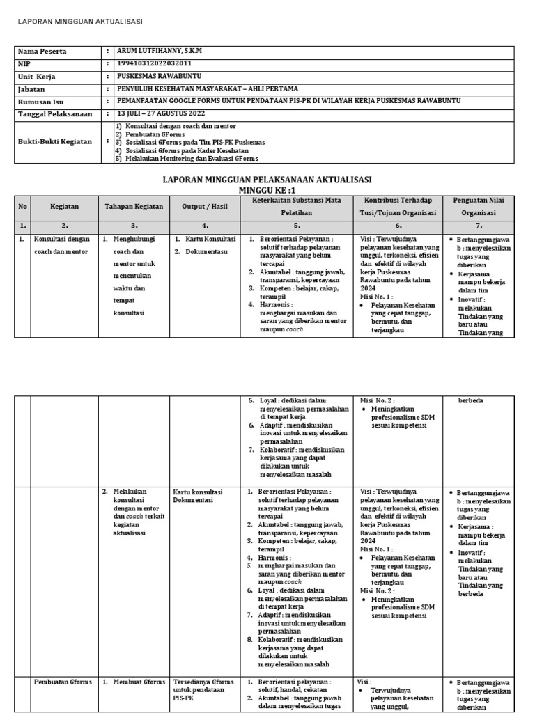 Contoh Format Laporan Mingguan Aktualisasi Latsar Cpns 56 Banten | PDF