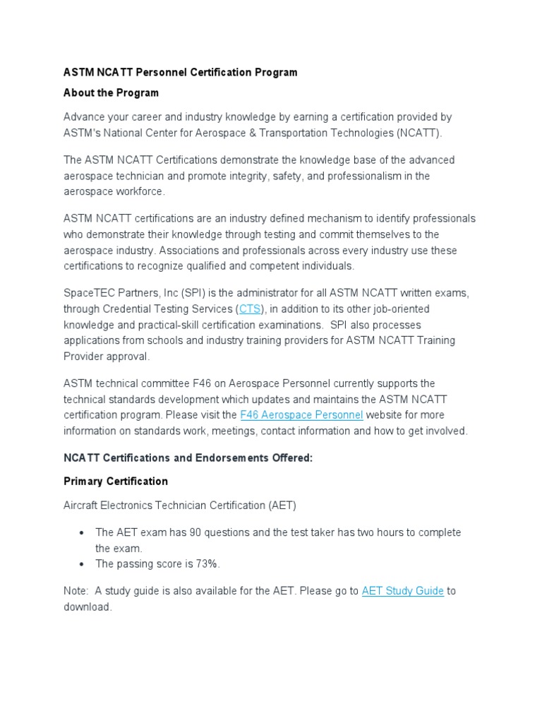 ASTM NCATT AET Certification Overview | PDF | Test (Assessment ...