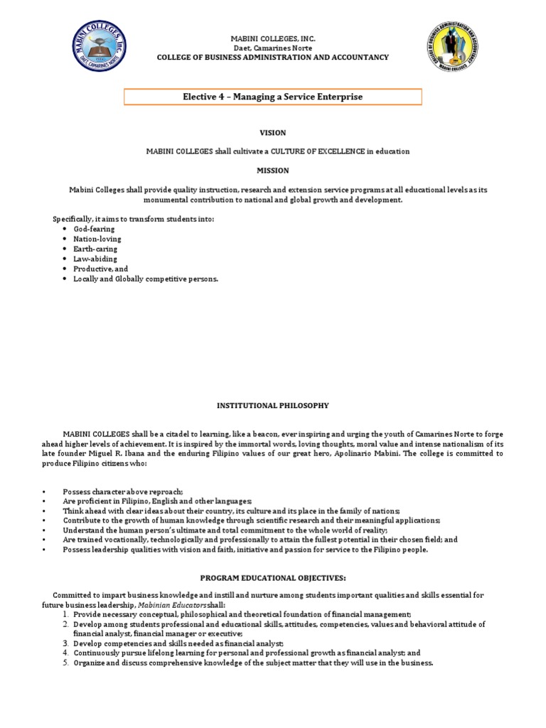 Elec 4 Managing A Service Enterprise Syllabus | PDF | Entrepreneurship | Corporate Social ...