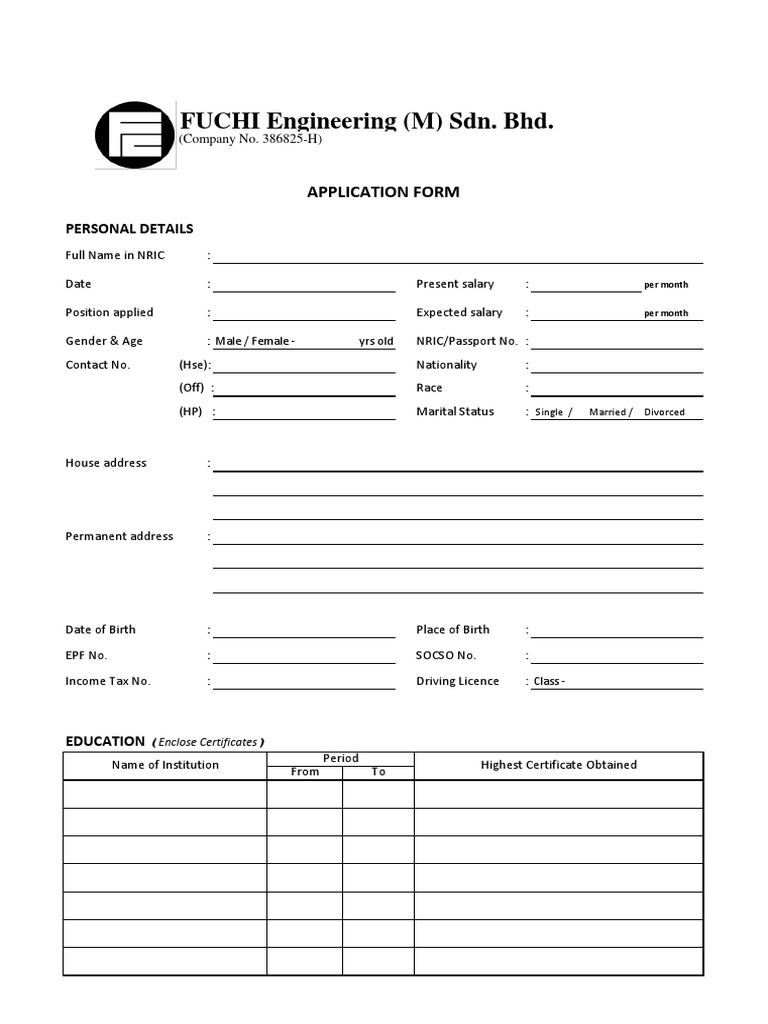 Application for the Position of [POSITION APPLIED] at Fuchi Engineering ...