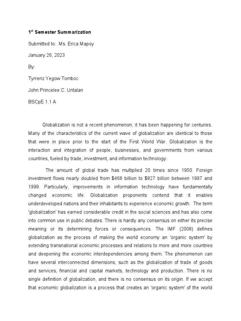 1st Semester Summarization Tomboc Untalan | PDF | Globalization | Food ...