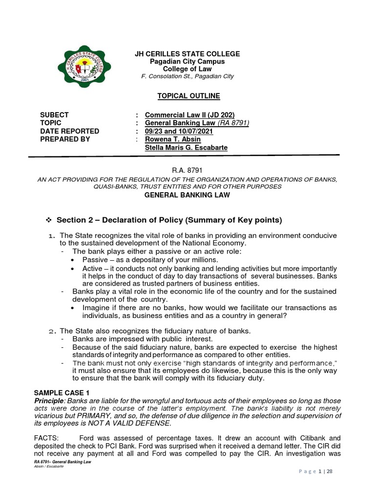 Topical Outline Gen - Banking Law Absin Escabarte | PDF | Loans | Banks