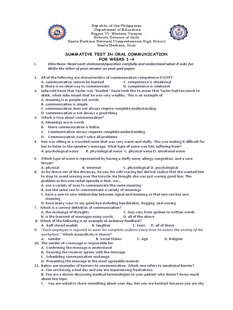 Summative Test Weeks 1 4 | Download Free PDF | Communication ...