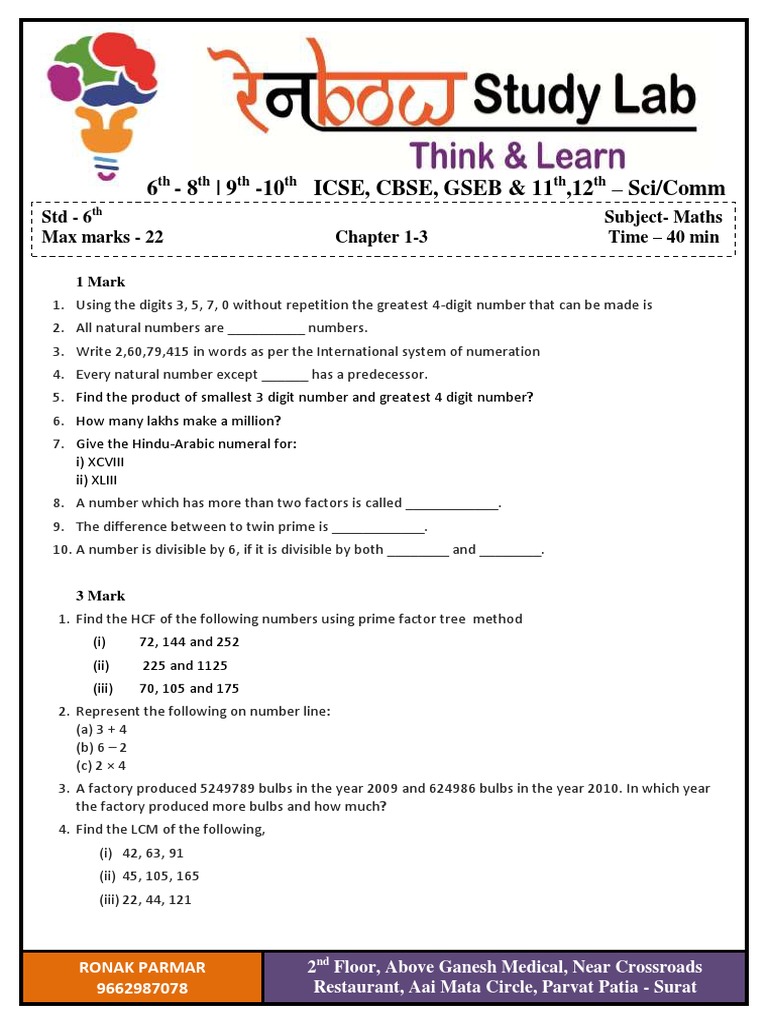6th Maths CH 1-3 | PDF