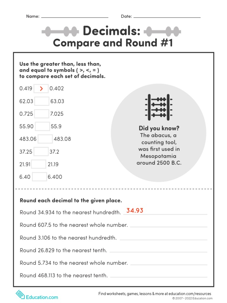 Decimals Compare and Round 1 | PDF