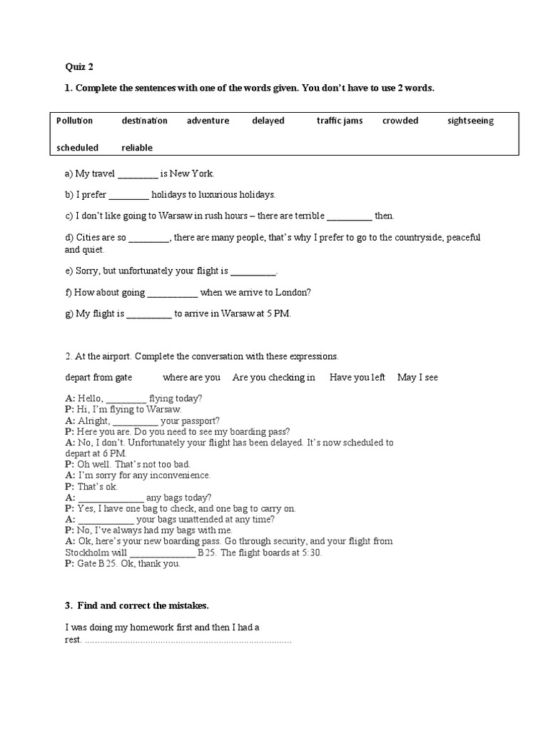 Travel Vocabulary and Grammar Quiz | PDF