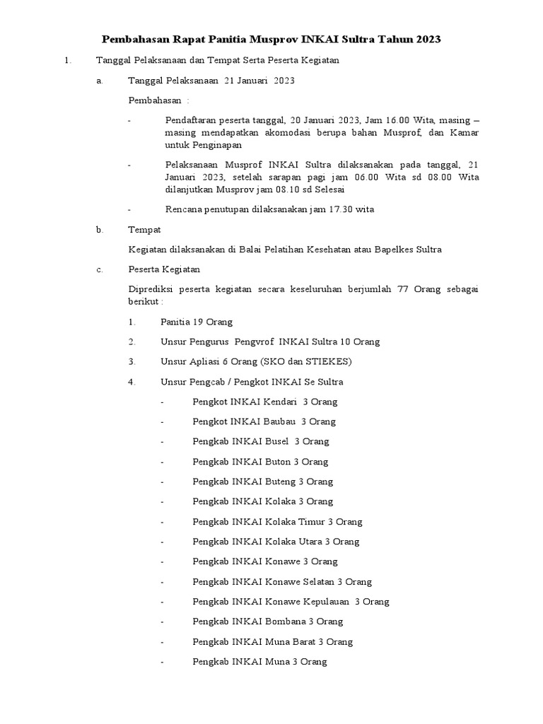 Pembahasan Rapat Panitia Musprov INKAI Sultra Tahun 2023 | PDF