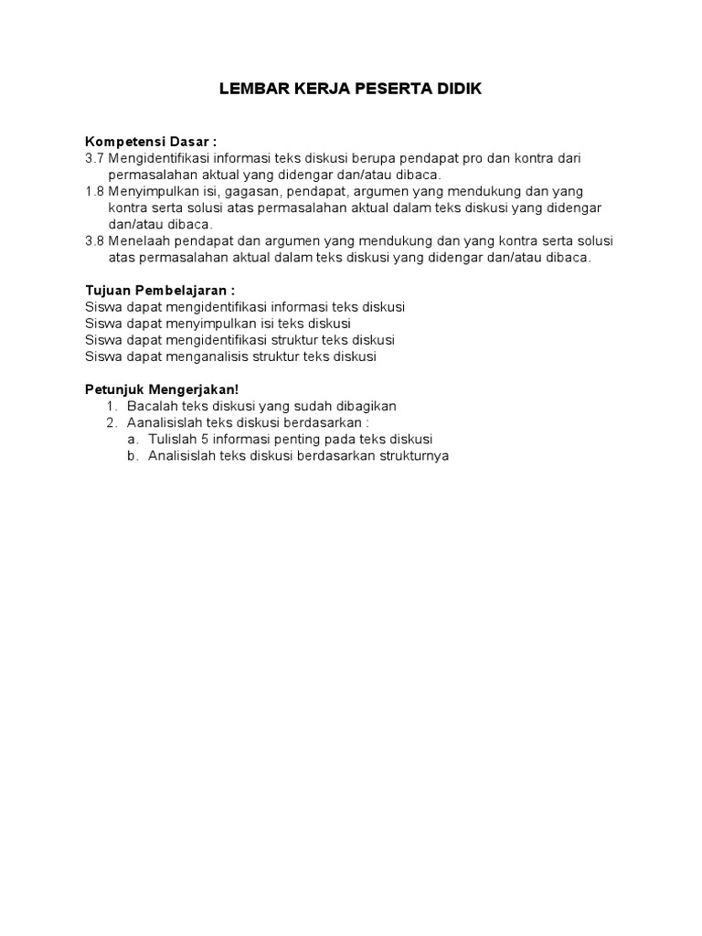 LEMBAR KERJA PESERTA DIDIK Teks Diskusi | PDF