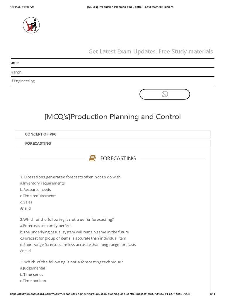 MCQs on Production Planning & Control | PDF | Forecasting | Supply Chain