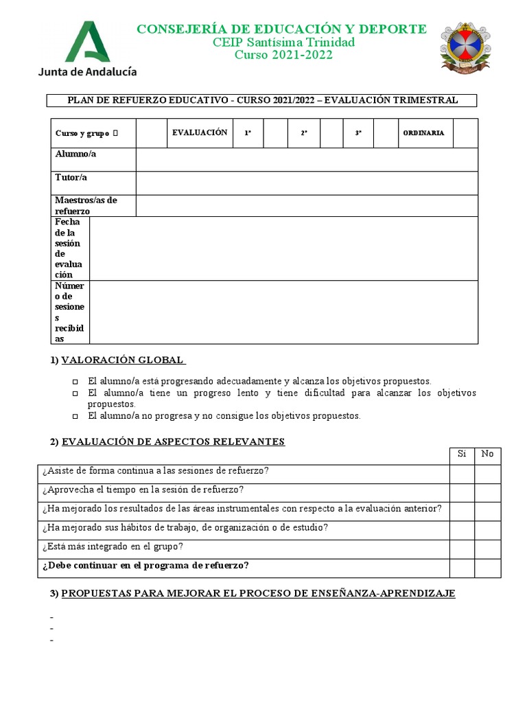 Ficha de Evaluación Trimestral Del Refuerzo Educativo | PDF