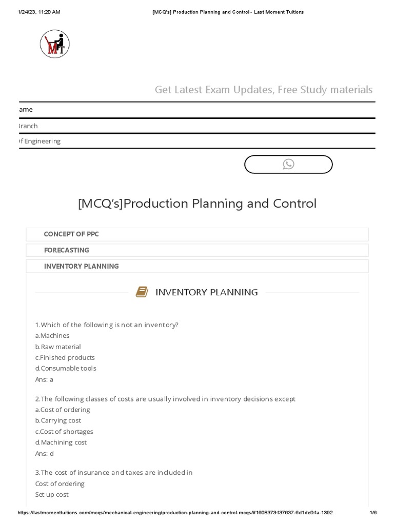 (MCQ'S) Production Planning and Control3 - Last Moment Tuitions | PDF | Inventory | Business ...