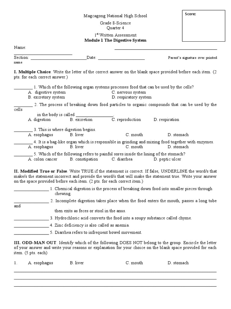 Science 8 Q4 WA 1st | PDF | Digestion | Gastrointestinal Tract