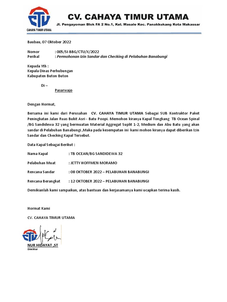 Permohonan Izin Sandar Kapal Tongkang | PDF