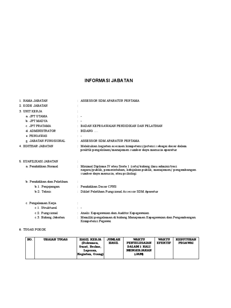 Contoh Form Anjab Dan Abk Jafung Assessor SDM Aparatur Pertama | PDF