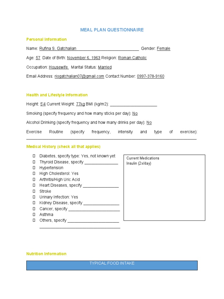 MEAL PLAN QUESTIONNAIRE - Rufina Gatchalian | PDF | Meal | Foods