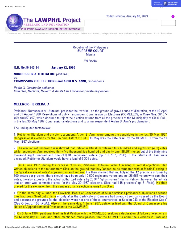 Ututalum vs. COMELEC, 181 SCRA 335 | PDF | Electoral Fraud | Elections