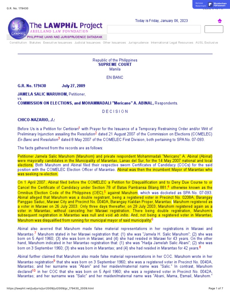 Maruhom v. Comelec, G.R. No. 179430, July 27, 200 | PDF | Commission On ...