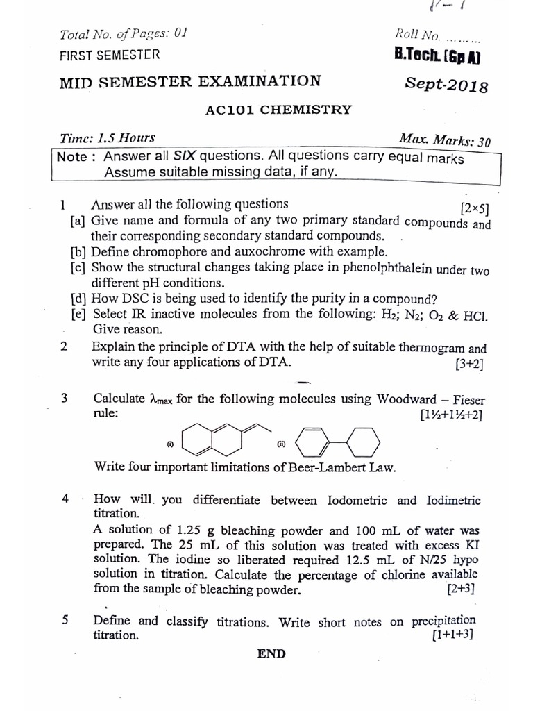 1st Sem Mid Term PYQs 2018&2019 | PDF | Diffraction | Metrology