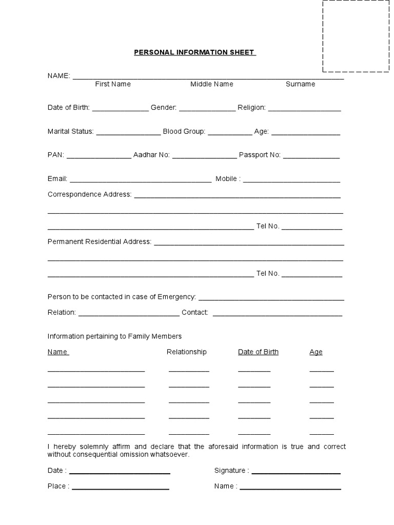 Personal Information Sheet | PDF