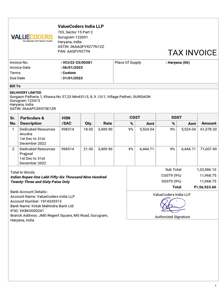 Tax Invoice: Valuecoders India LLP | PDF