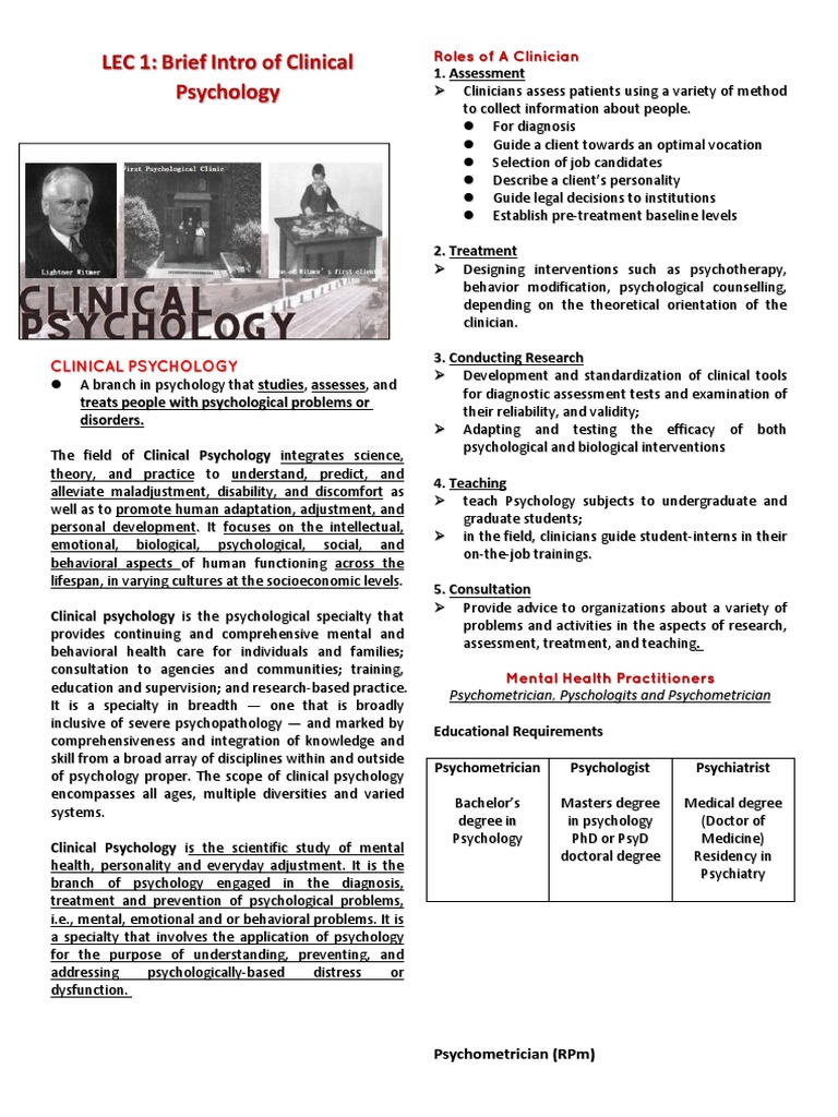 Lec 1 Clinical Psych | PDF | Psychology | Clinical Psychology