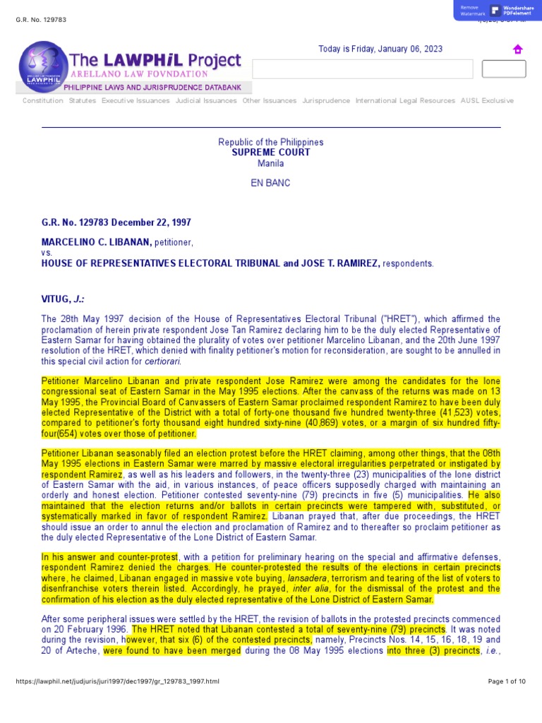 Libanan vs. HRET, 283 SCRA 520 | PDF | Jurisdiction | Signature