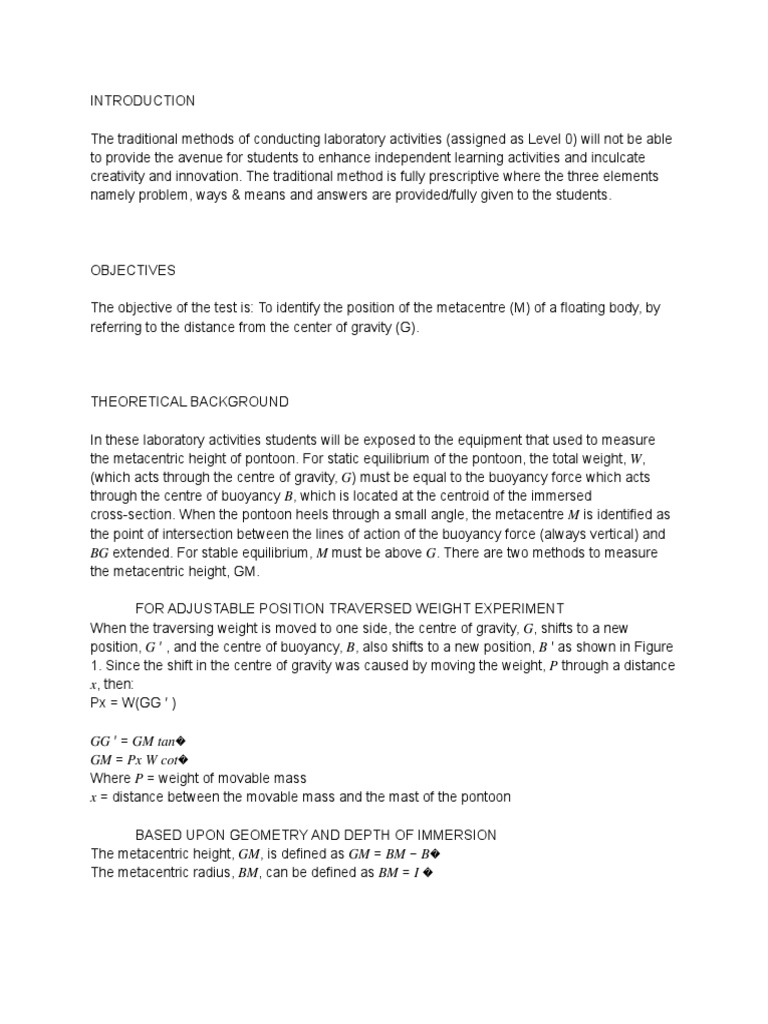 Metacentric Height Lab | PDF | Buoyancy | Physics