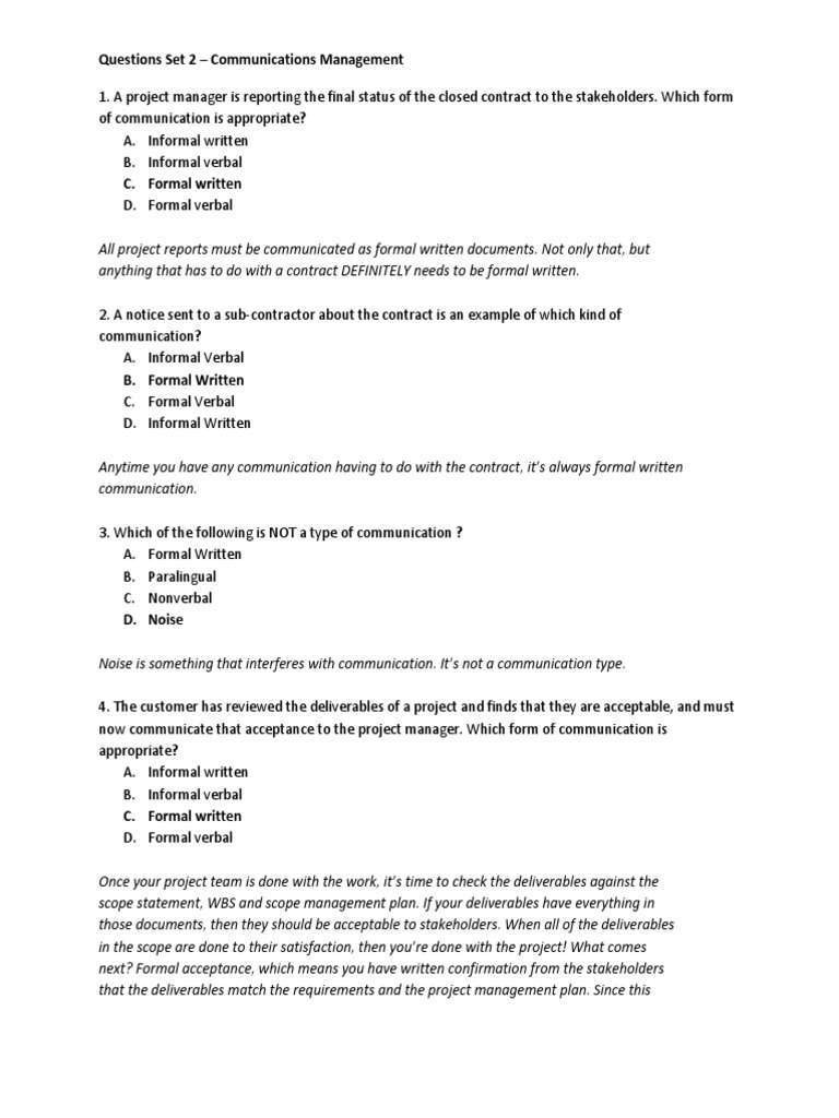 Day 4 - Questions Set 2 - Communications Management - Answers | PDF ...