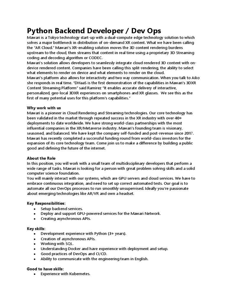 Mawari - Python Backend Developer | PDF | Cloud Computing | Streaming Media Mawari - Python Backend Developer | PDF | Cloud Computing | Streaming Media