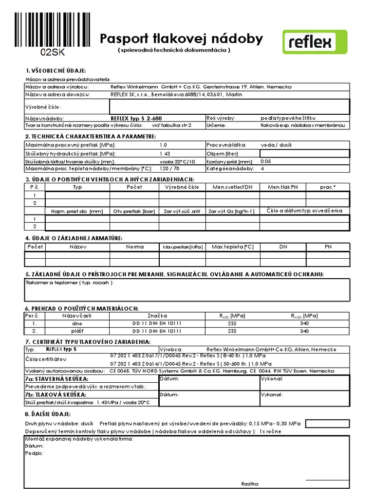 Pasport Tlakovej Nádoby: Reflex Typ S | PDF