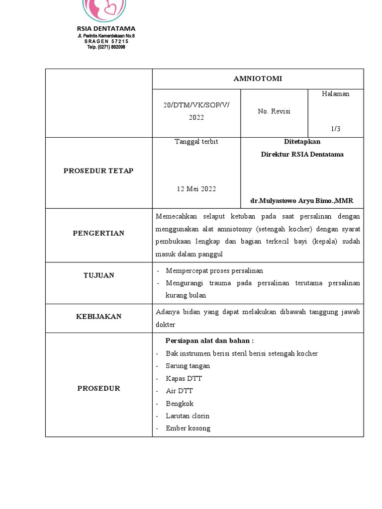 Prosedur Amniotomi RSIA Dentatama | PDF