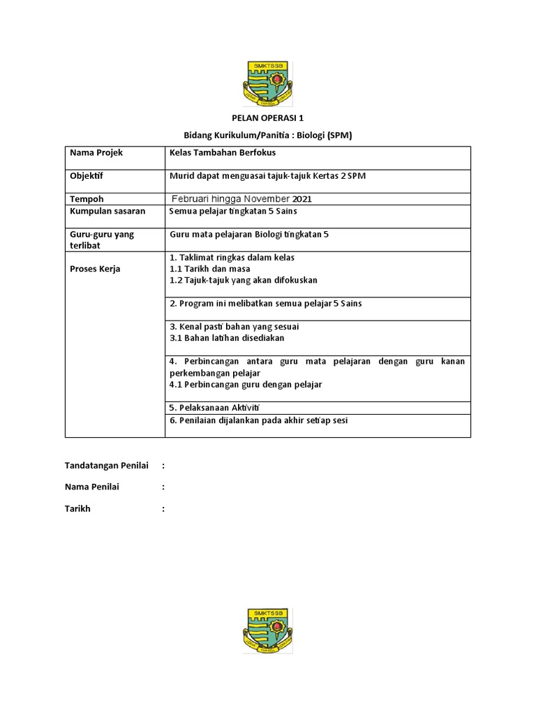 Pelan Operasi Biologi SPM 2021 | PDF