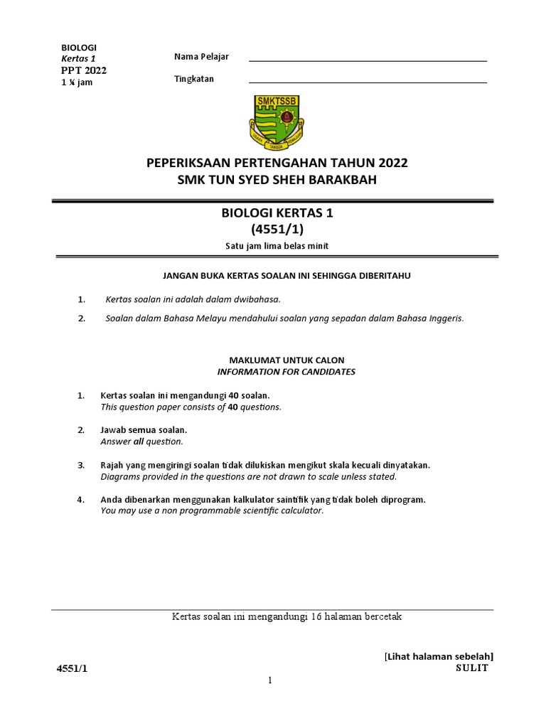 Bio T4 2022 Kertas 1 | PDF