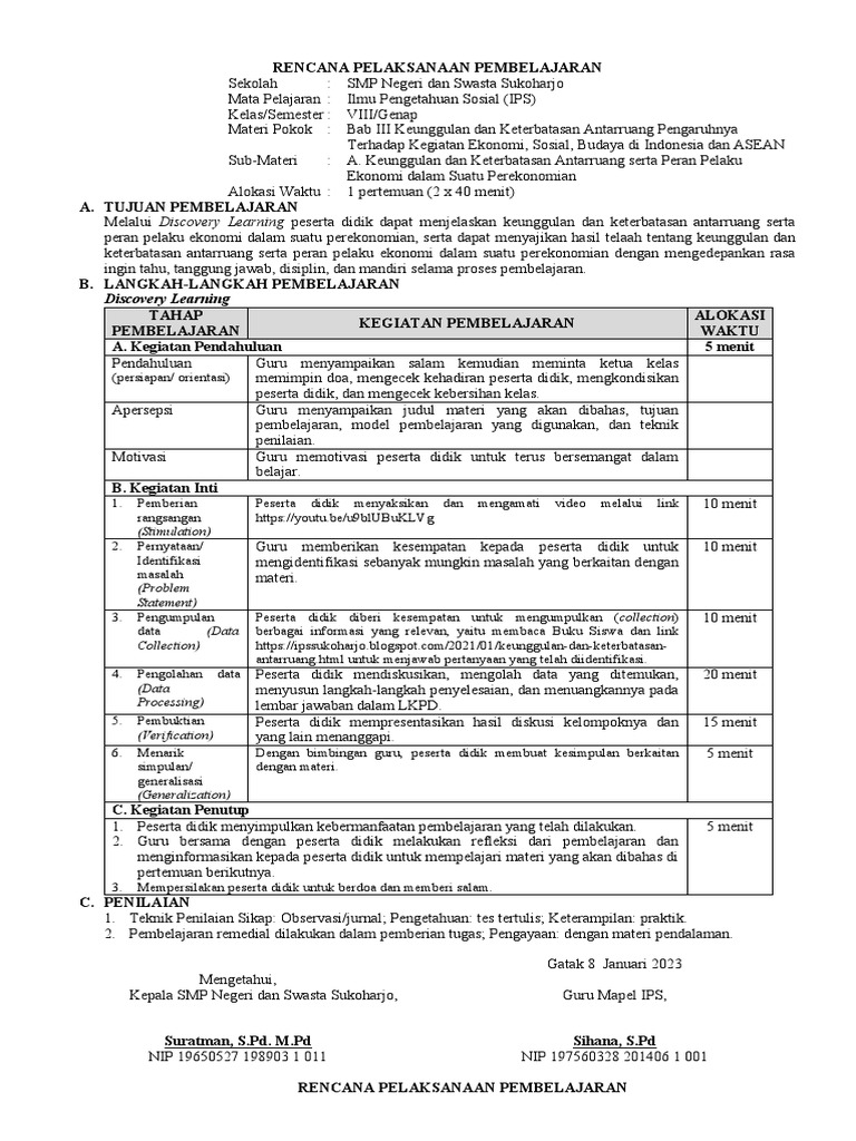 RPP IPS SMT 2 Kelas 8 Discovery | PDF