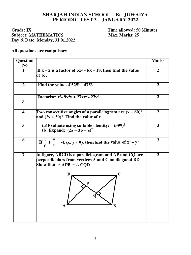 9-Mathematics-Periodic Test 3-qp | PDF
