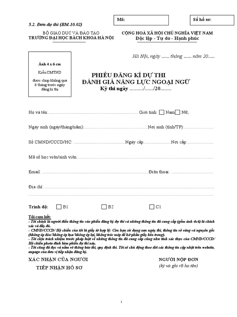 Form Phieu DK Thi Vstep 2022 | PDF