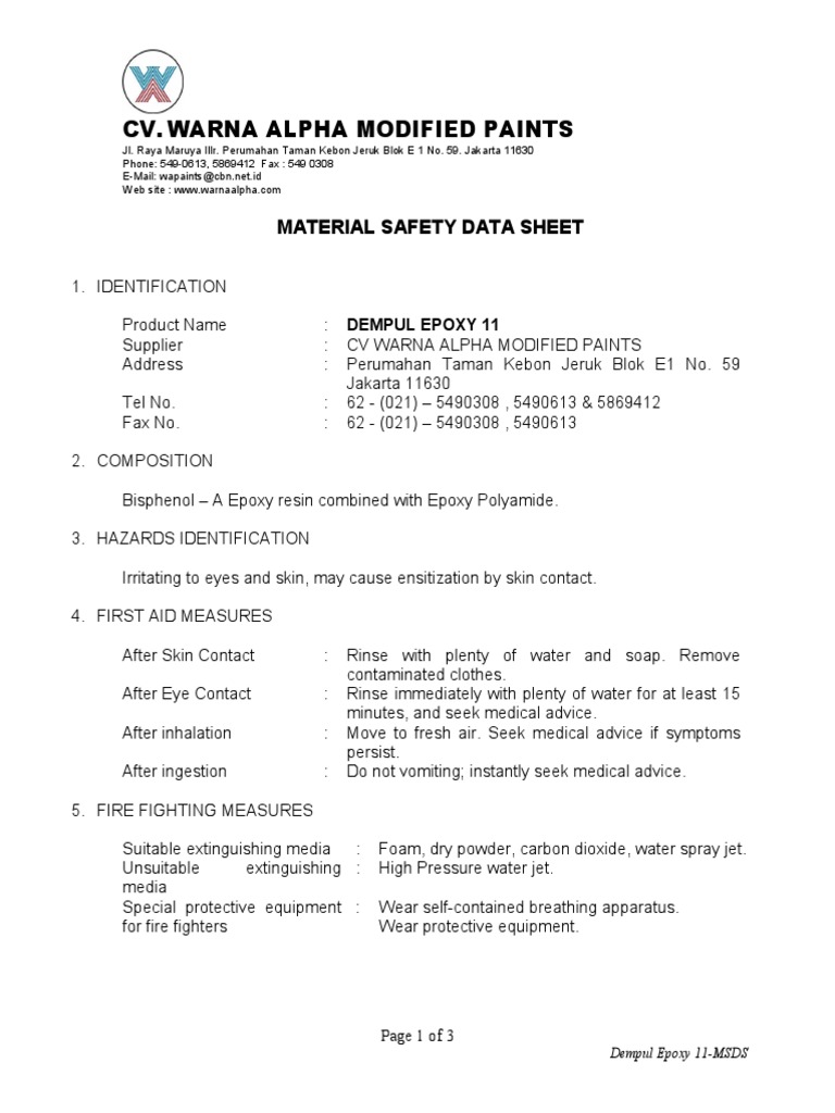 Dempul Epoxy 11-MSDS | PDF | Epoxy | Water