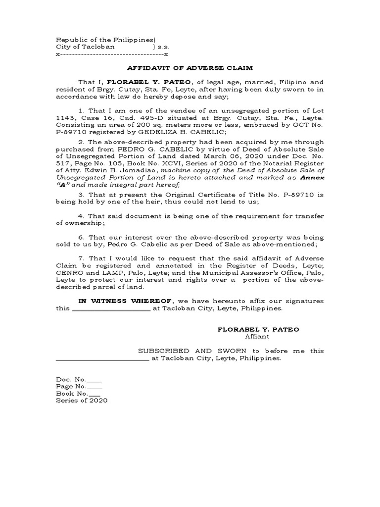 Aff of Adverse Claim1 | PDF