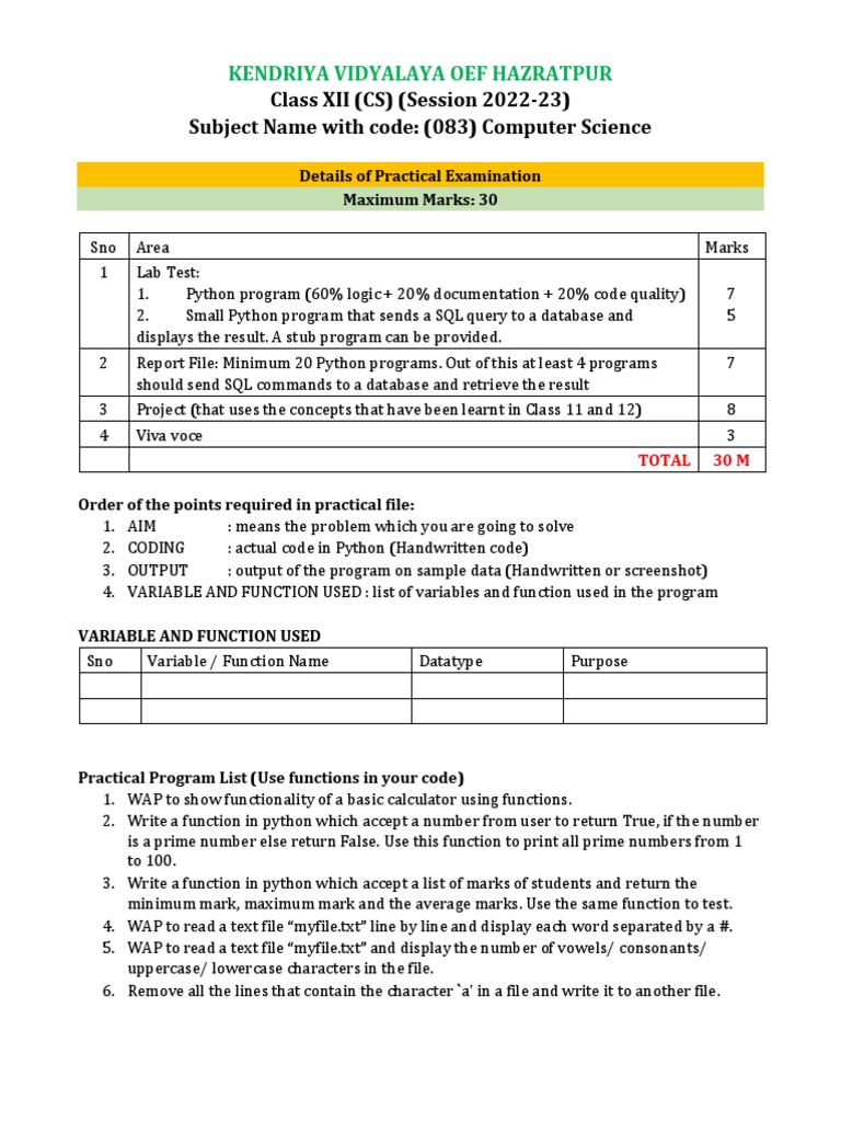 XII CS Practical List 2022-23 | PDF | Databases | Programming