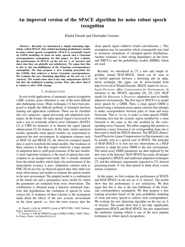 An Improved Version of The SPACE Algorithm For Noise Robust Speech ...