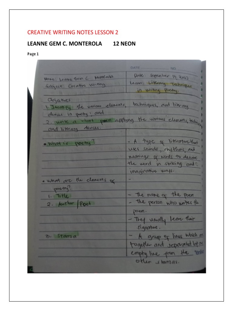 Creative Writing Notes Lesson 2 | PDF