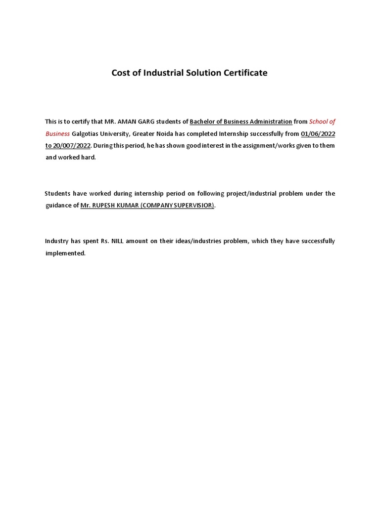 AMAN GARG Cost of Industrial Solution Certificate | PDF