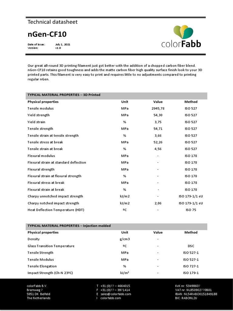 TDS - E ColorFabb nGen-CF10 - 1 | PDF | Strength Of Materials ...