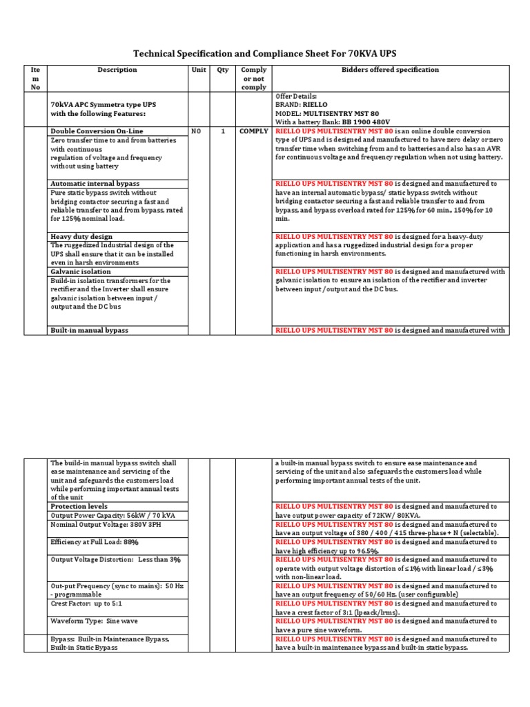 OCC Compliance Sheet For 70, 80 and 100KVA UPS-AAA | PDF | Power ...