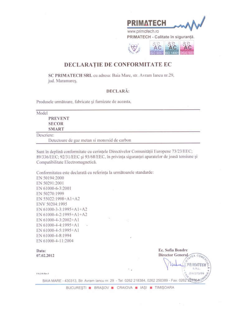 SECOR 1000 - Declaratie de Conformitate | PDF