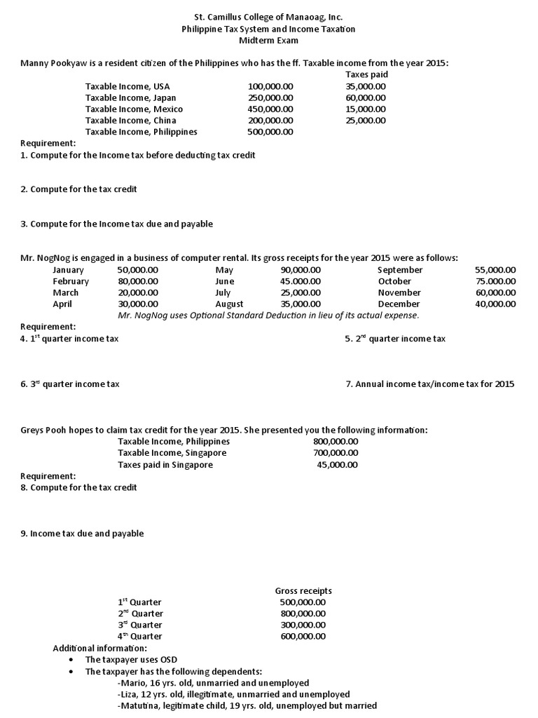 Income Tax Midterm Exam | PDF | Income Tax | Taxes