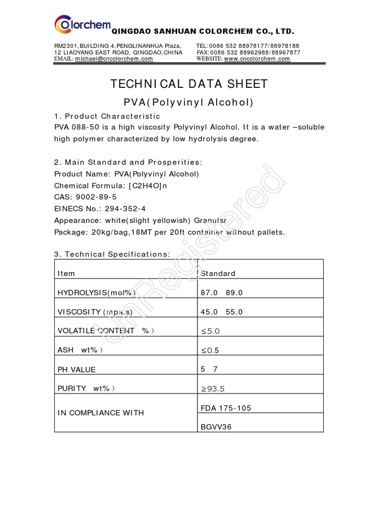 TDS PVA 088 50 Polyvinyl Alcohol | PDF