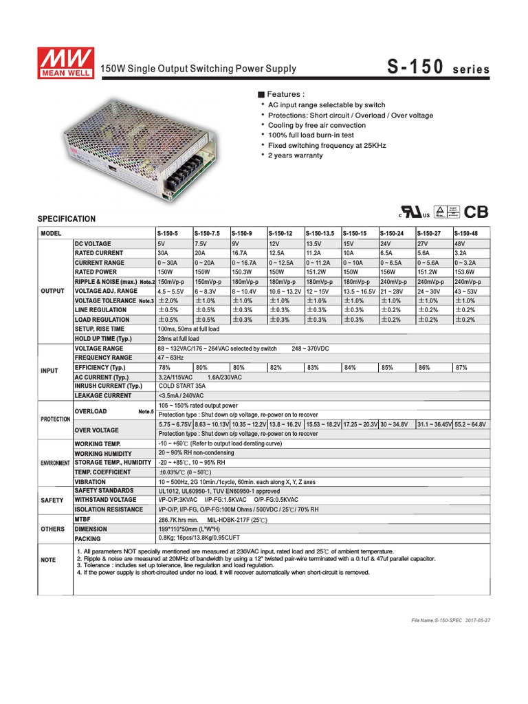 S 150 Spec | Download Free PDF | Power Supply | Rectifier