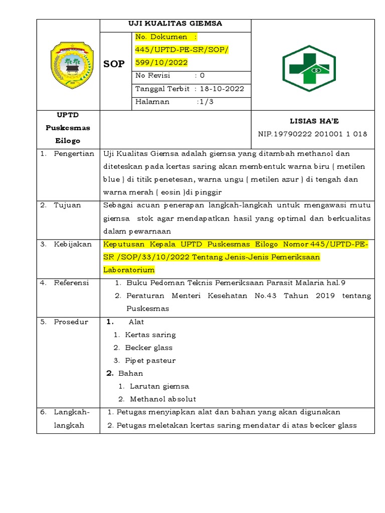 SOP Uji Kualitas Giemsa | PDF