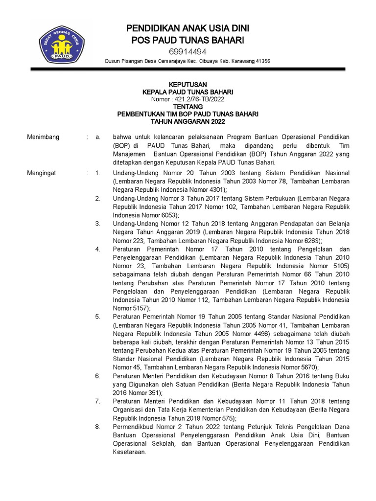 Contoh SK Tim BOP PAUD | PDF